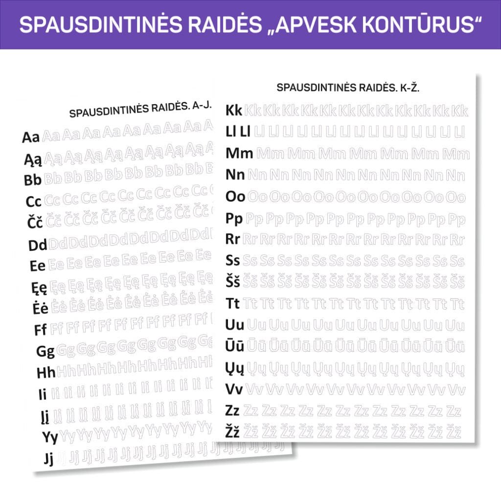 Lietuvių abėcėlės spausdintinės raidės „Kontūrai” PDF - Mažoji skaitytoja