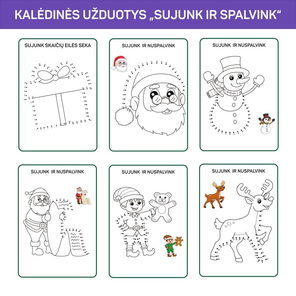 15 lapų kalėdinių užduočių „Sujunk ir nuspalvink”